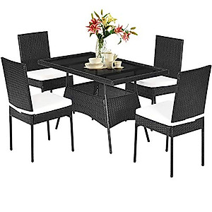 Tangkula 5 Piece Wicker Patio Dining Set, Outdoor Rattan Table & Chairs Set with Tempered Glass Top & Padded Cushions, Patio Furniture Dining Table Set for Balcony Patio Garden Poolside