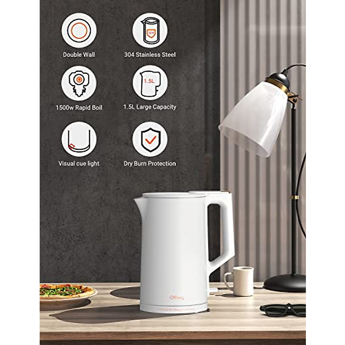 Electric Kettle, 304 Stainless Steel Interior, BPA-Free, Double Wall 1.5L Hot Water Boiler, 1500W Tea Kettle with Auto Shut-Off & Boil Dry Protection, Cordless Base & LED Indicator(White)