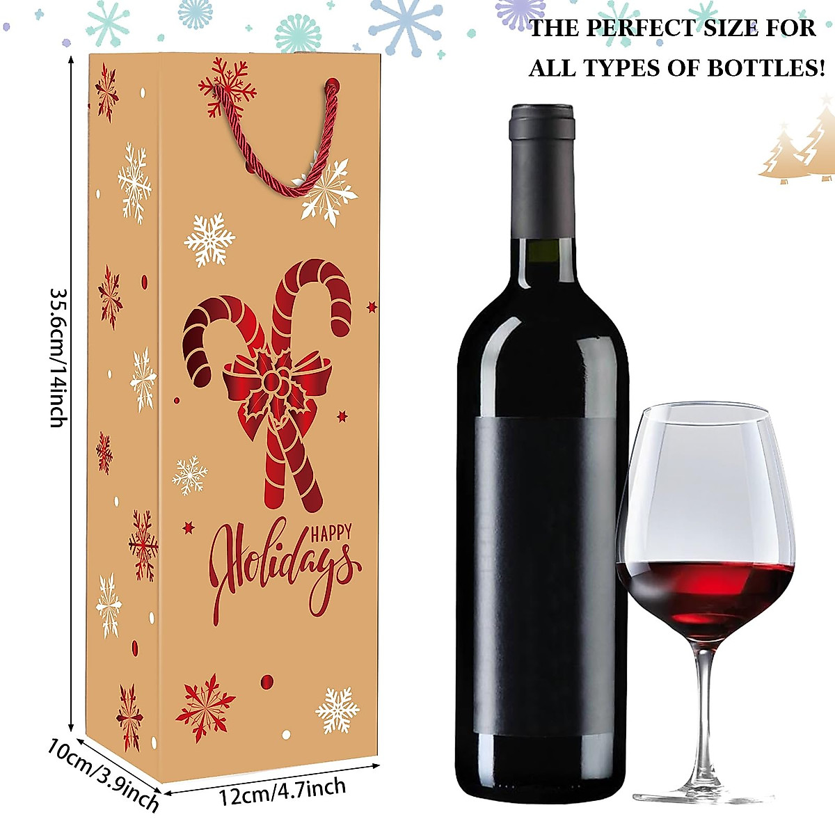 Pasimy 12 Pcs Christmas Wine Bags with Tissue Paper Christmas Red Foil Kraft Paper Wine Gift Bags with Handles Paper Assorted Design Wine Bags Gift Holiday for Bottle Wrapping Birthday Wedding Party