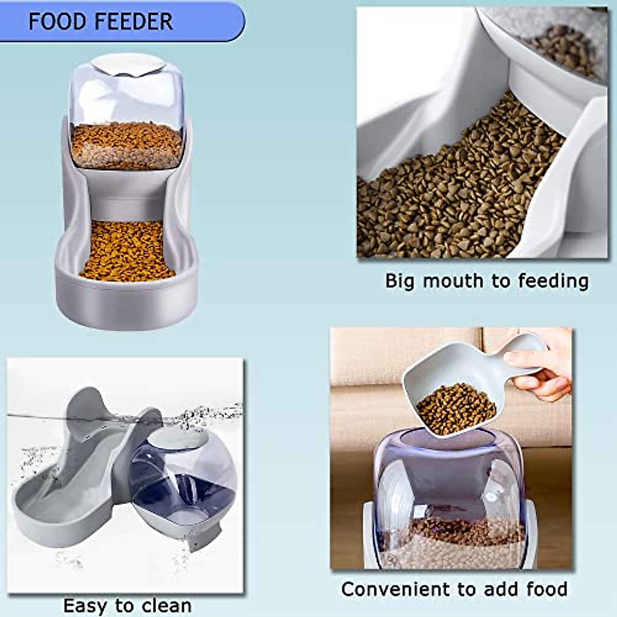 Automatic Pet Feeder and Waterer Cat Dog Gravity Food Bowl Set 3.8 L with 1 Water Dispenser and 1 Food Feeder for Small, Medium & Big Pets (Gray)