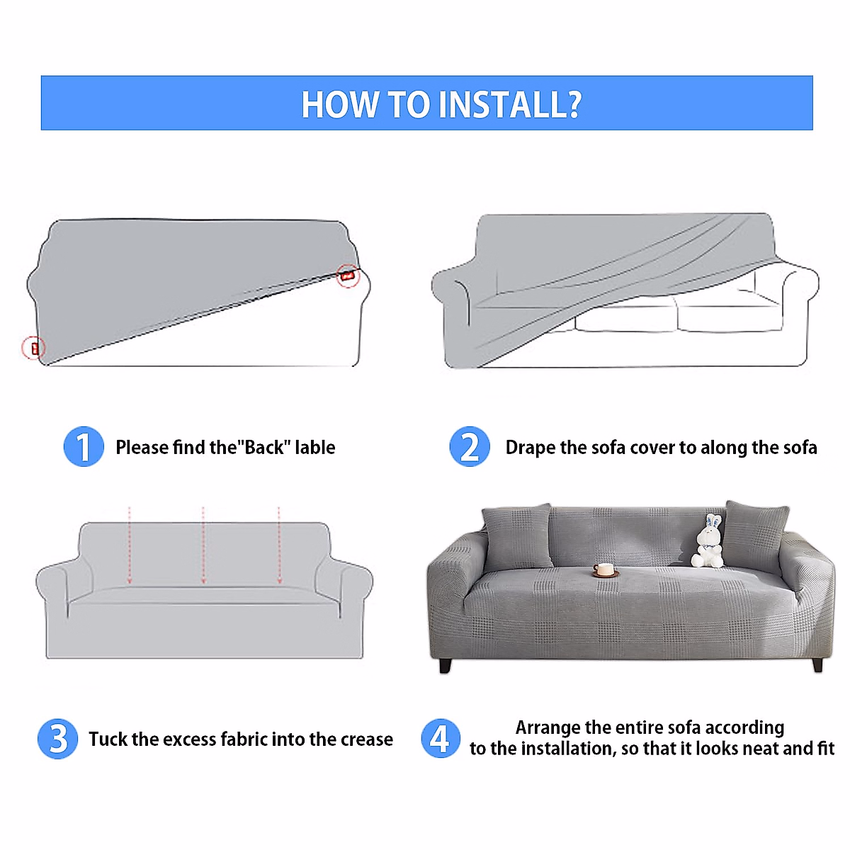 TongBF Stretch Fabric Sofa Cover Corner Cover for 1/2/3/4 Seater, Chair, Recliner, Sectional Sofa with Pillowcase As A Gift (Jacquard-Blue, 4 Seater)