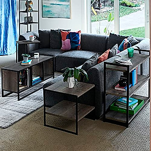 Household Essentials Jamestown TV Stand Coffee Table with Square Cube Storage Compartments Ashwood Rustic Wood Grain and Black Metal