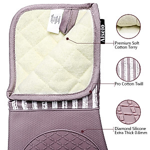 Alselo Silicone Oven Mitts Heat Resistant 932℉ with Waterproof & Non-Slip Kitchen Mittens, Set of 2 Extra Long Oven Gloves with Soft Cotton Terry Lining for Baking Cooking Barbecue(2, Purple Mitts)