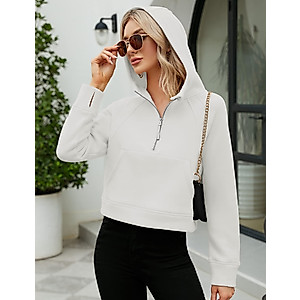 Micoson Half Zip Hoodies Women Long Sleeve Crop Workout Sweatshirt Oversized Sherpa Fleece Pullover Thumb Hole (White,L)