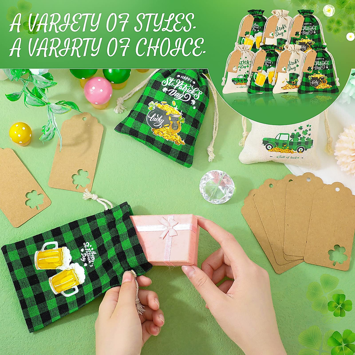 20 Pieces St Patrick's Day Party Favor Bags with Drawstring 4 x 6 Inches Lucky Shamrock Cotton Candy Pouch Sacks Irish Gift Plaid Treat Bag with 20 Tags for Saint Patrick's Day Irish Party Supplies