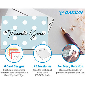 Oaklyn Blank Thank You Cards Set with Envelopes - Professional Paper with an Assortment of Designs and Blank White Inside - Bulk Pack of Small Notes (48 Pack)