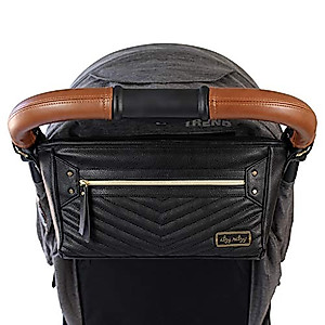 Itzy Ritzy Adjustable Stroller Caddy - Stroller Organizer Featuring Two Built-In Pockets, Front Zippered Pocket & Adjustable Straps To Fit Nearly Any Stroller, Black with Gold Hardware