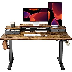 ErGear Electric Standing Desk with Double Drawers, 48x24 Inches Adjustable Height Sit Stand Up Desk, Home Office Desk Computer Workstation with Storage Shelf, Vintage Brown