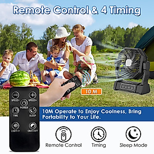 COZII 20000mAh Battery Operated Fan - Camping Fan Rechargeable with 3 Colors Light, 4 Speeds, 4 Timing, Adjustable Head, Portable Battery Powered Tent Fan with Hanging Hook for Picnic, BBQ