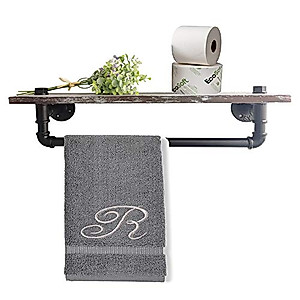 BSTGIFTS Industrial Pipe Shelf with Towel Bar，Wall Mounted Shelving with Towel Bar Rack for Bathroom, Wood Rack