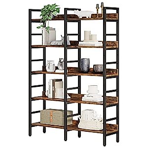 LITTLE TREE 5-Tier Industrial Bookshelf, 70.9” H Double Wide Bookcase, Rustic Brown