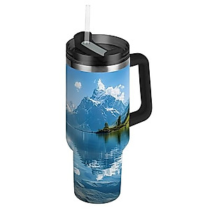 FRCSDIY Snowy Mountains and Lakes Insulated Tumbler with Handle and Straw Lid,30oz Leakproof Stainless Steel Cup BPA-Free Water Bottle