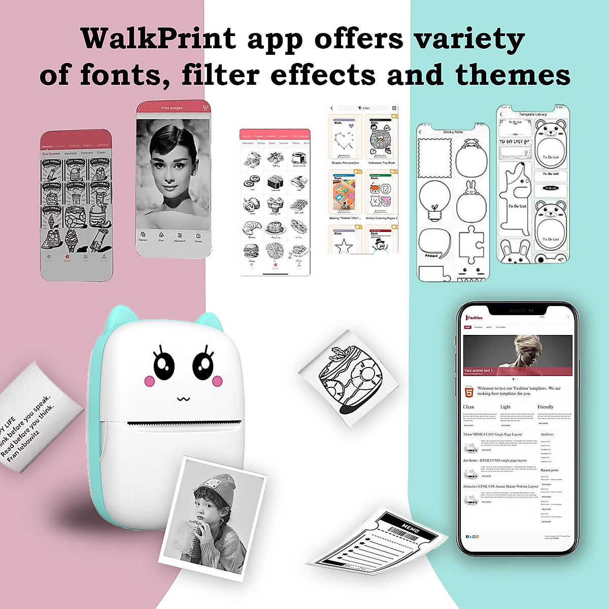 Mini Pocket Printer with 11 rolls of paper, portable thermal printer, Bluetooth portable printer, for learning notes, photos, DIY, travel, iOS iPhone and Android, Children's birthday gifts (Blue)