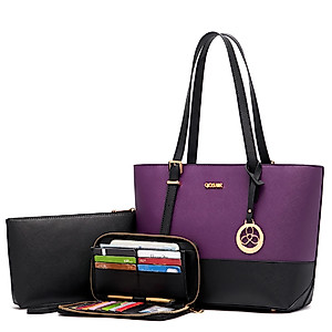 Purses And Wallets Set For Women Tote Satchel Handbags Shoulder Bag Top Handle Totes Purse With Matching Wallet PurpleBlack