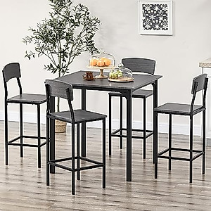 HOMCOM Counter Height Bar Table Set for 4, Square Kitchen Table and Chairs Set with Footrest, Metal Legs, Industrial Dinner Table Set for 4, Gray