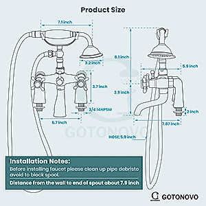 gotonovo Deck Mount Tub Bathtub Faucet Clawfoot with Handheld Shower 6 Inch Brushed Nickel Telephone Shaped Sprayer Showerheld Double Cross Handle