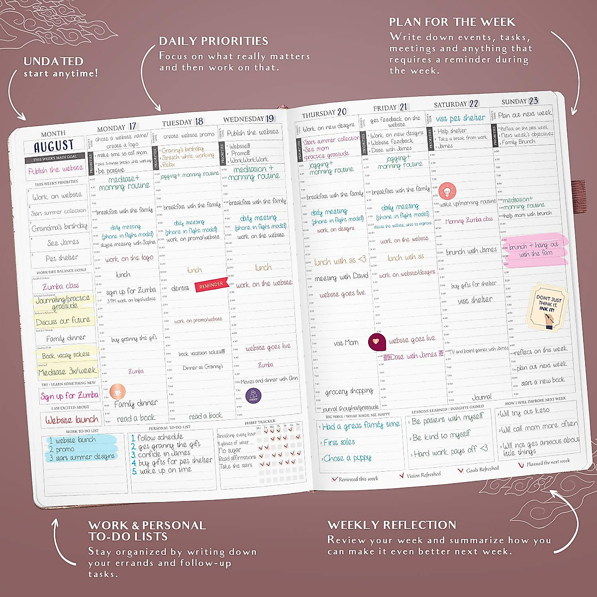 Legend Planner PRO Hourly Schedule - Weekly & Daily Organizer with Time Slots. Appointment Book Journal for Work & Personal, A4 (Rose Gold)