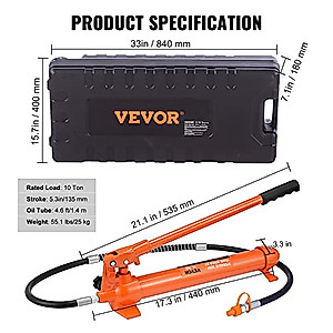 VEVOR 10 Ton Porta Power Kit, Hydraulic Ram with Pump, 4.6 ft/1.4 m Oil Hose Car Jack Ram, Auto Body Frame Repair Tool with Storage Case for Automotive, Garage, Heavy Equipment, Mechanic (22046 LBS)