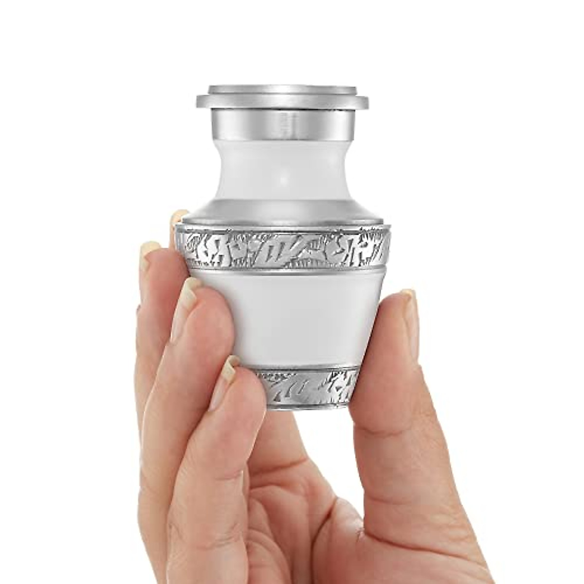 Reminded Small Cremation Memorial Urn for Human Ashes, White and Silver Miniature Keepsake Urn with Velvet Case