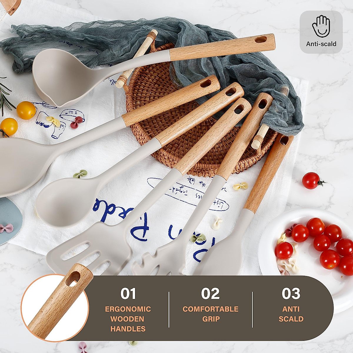 Hvygss Silicone Cooking Utensils Set, Heat Resistance Kitchen Utensils Set with Long Wooden Handle, BPA-free Large Silicone Spatula, Kitchen Tools for Non Stick Frying Pans and Pots, 6 Pcs（Khaki）