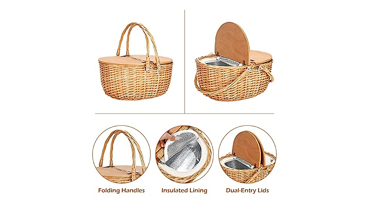 Wicker Picnic Basket with Cooler | Vintage Wooden Split Lid Design