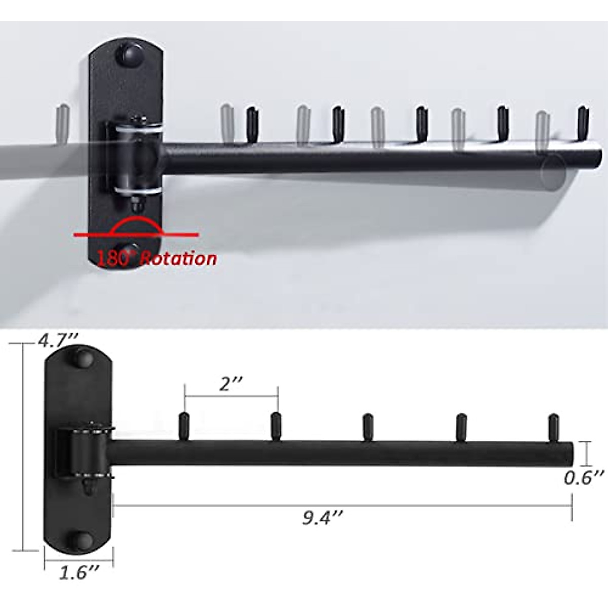 Clothes Hanger Rack Swing Arm, Floding Wall Mounted Clothes Hanger Rack for Laundry Room, Space Saving Clothes Hooks Holder for Drying Rack, Stainless Steel Hanging Hook Valet Hook Rod 2 Pack (Black)