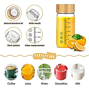 ZDZDZ Bamboo Lid Glass Water Bottle 13Oz Small Glass Water Bottles, Wide Mouth Glass Milk Bottle, Smoothie Glass Bottle with Scale Line