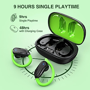Wireless Bluetooth Earbuds Headphones 9Hrs Single Playtime IPX7 Waterproof in-Ear Earphones with Earhooks,Sweat Resistant Ear buds with microphone Hi-Fi Stereo for Sports/Workout/Gym (Green)