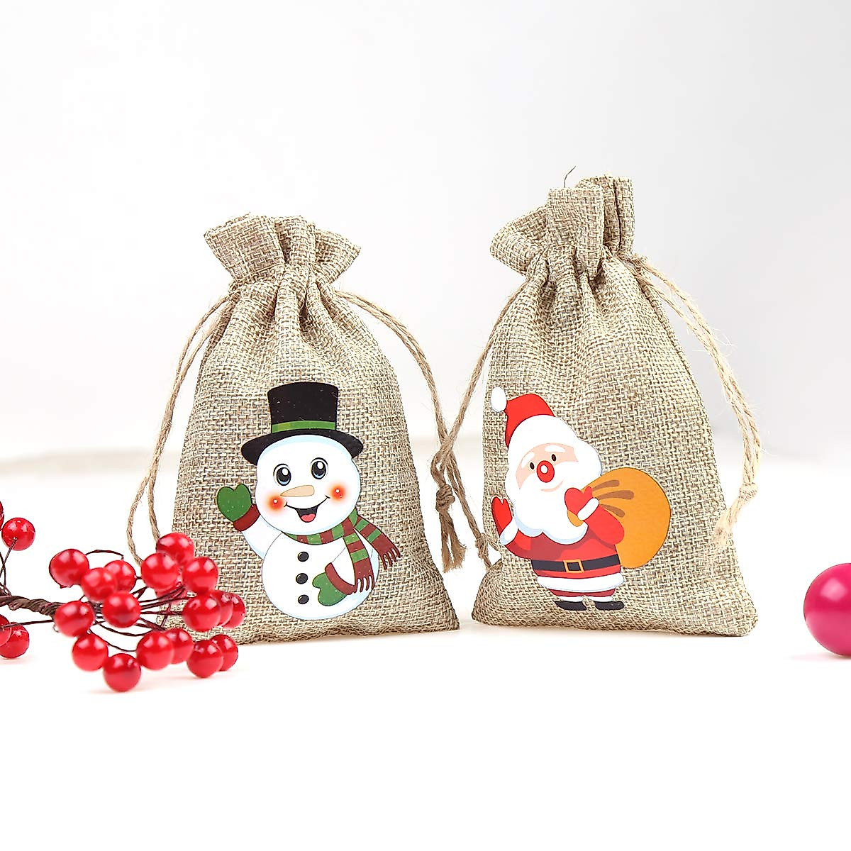 CCINEE 36pc Christmas Linen Bags with Drawstrings Christmas Burlap Goody Gift Bags with Double Jute Drawstrings, 4 designs Snowman, Santa Claus, Penguin and Elk