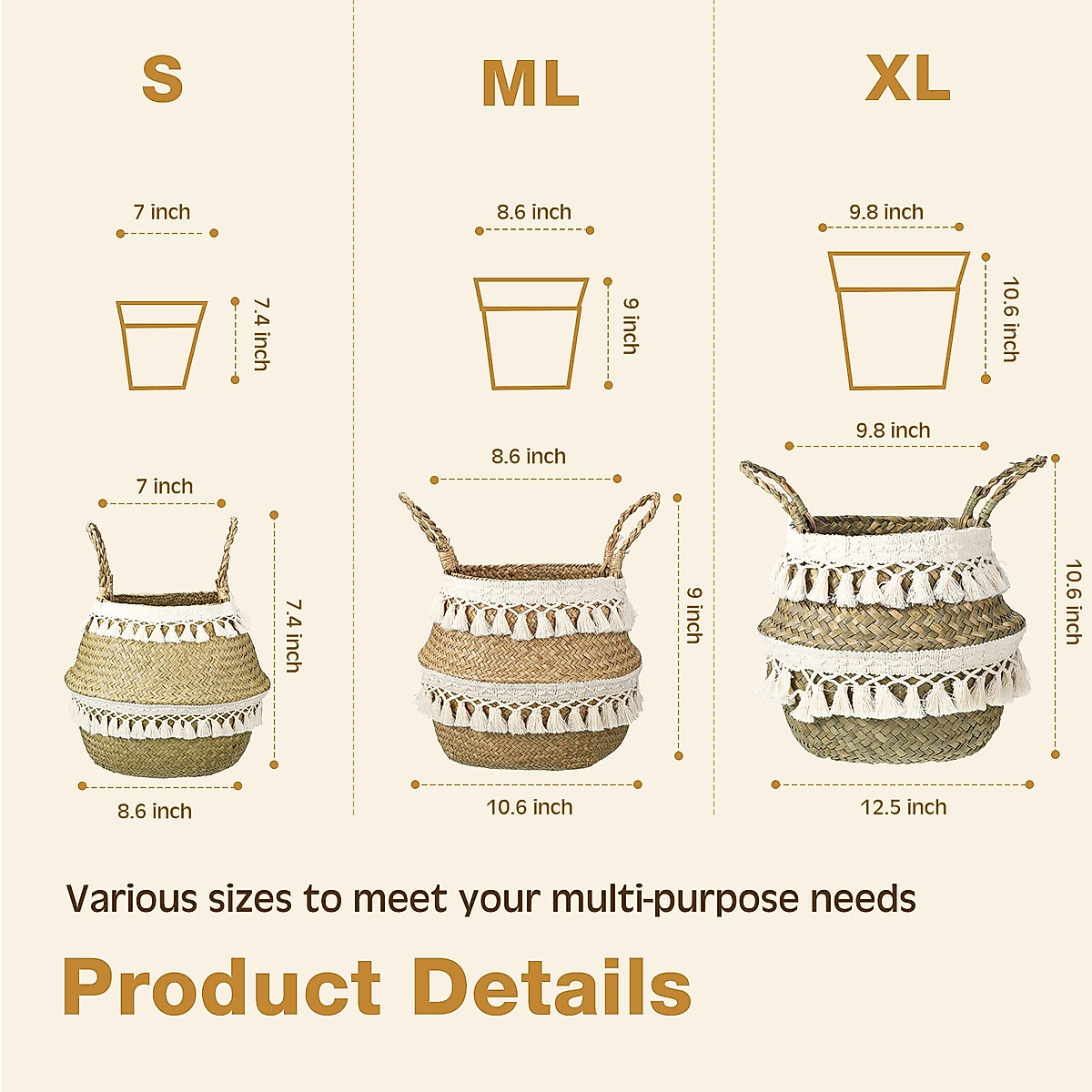 Wesiti Set of 3 Boho Seagrass Belly Basket Natural Storage Plant Basket Plant Pot Woven Plant Basket with Handles and Tassels for Living Bathroom Laundry Toy Grocery Storage, Small, Medium and Large