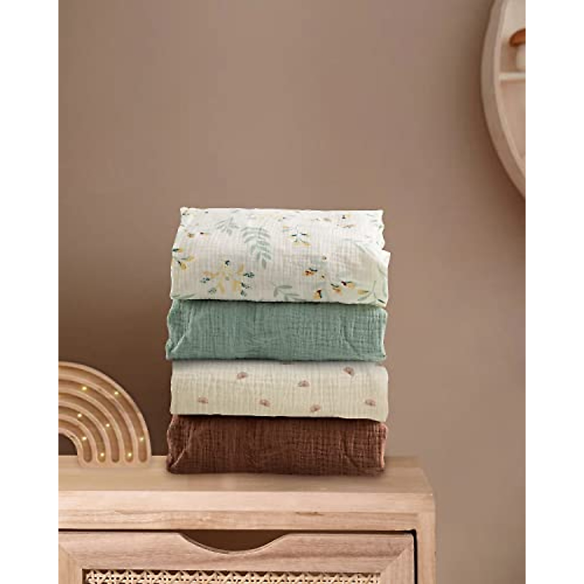 Muslin Crib Sheets for Girls and Boys, Cotton Boho Neutral Fitted Baby Crib Sheet for Standard Crib Mattress & Toddler Bed Mattress (52"x28"), Soft and Breathable, 2 Pack (Roman Green&Botanical Leaf)