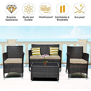 LUARANE 4-Piece Rattan Patio Furniture Set, Outdoor Wicker Sofa Couch Table Set, w/Thick Seat Cushions Tempered Glass Coffee Table, Conversation Set for Lawn Garden Poolside Backyard (Brown)