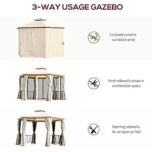 Outsunny 13' x 13' Patio Gazebo, Double Roof Hexagon Outdoor Gazebo Canopy Shelterwith Netting & Curtains, Solid Steel Frame for Garden, Lawn, Backyard and Deck, Beige