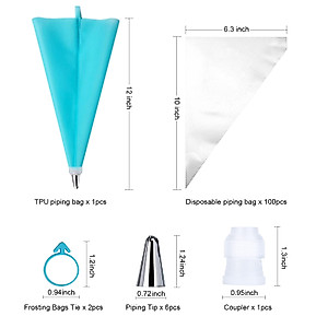 110Pcs Piping Bags and Tips Set, Cake Decorating Kit with 100 Disposable Pastry bags, 1 Reusable Silicone Piping Bag, 6 Stainless Steel Piping Tips, 1 Coupler, 2 Frosting Bags Ties