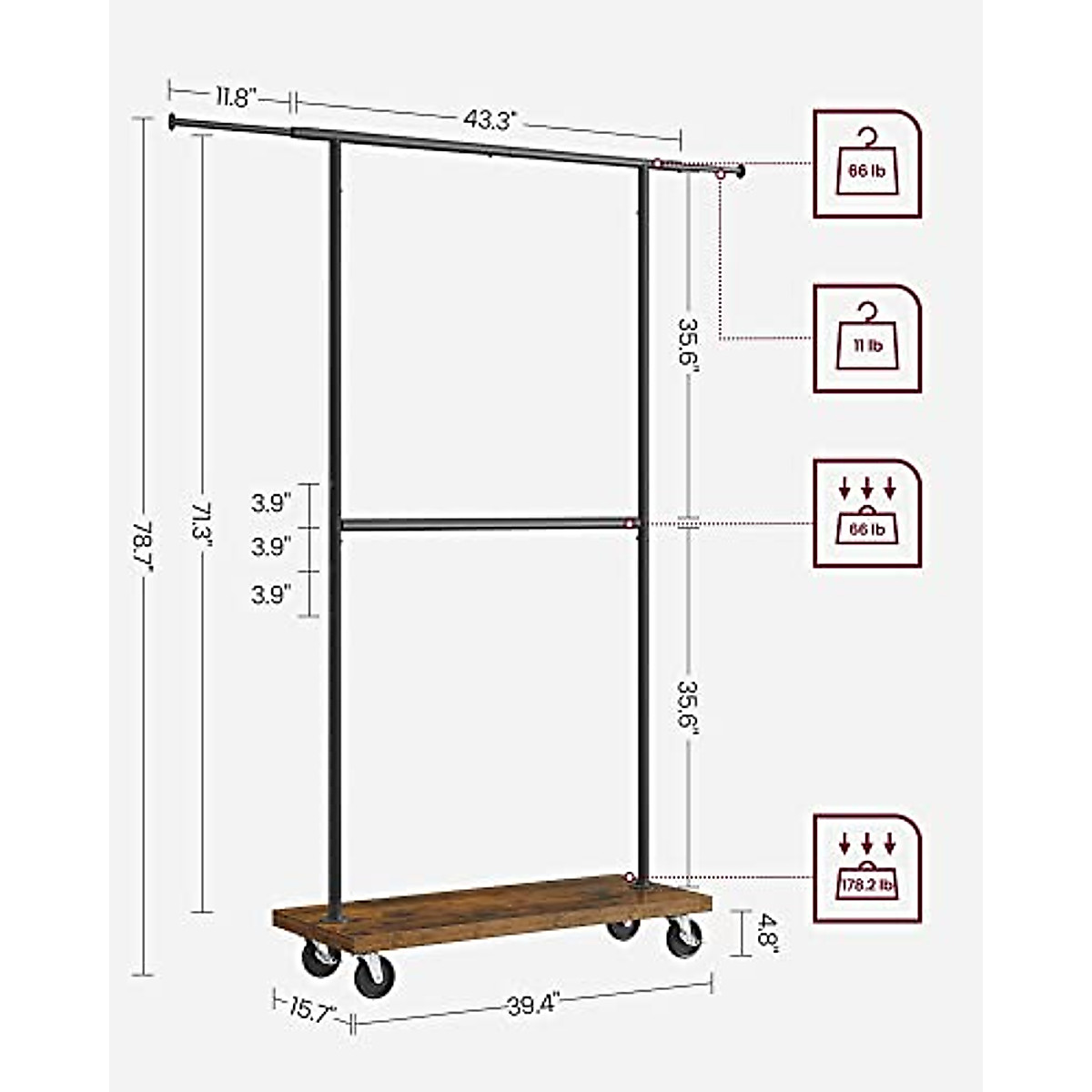VASAGLE Clothes Rack, Clothing Rack with Wheels, 43.3-66.9 Inch Extendable Bar, Height-adjustable Garment Rack, 332 lb Load, 2 Brakes, Heavy-Duty, Industrial, Rustic Brown and Black URGR111B01V1
