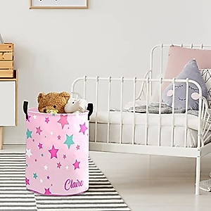 Personalized Laundry Basket Hamper,Star Pink Background,Collapsible Storage Baskets with Handles for Kids Room,Clothes, Nursery Decor
