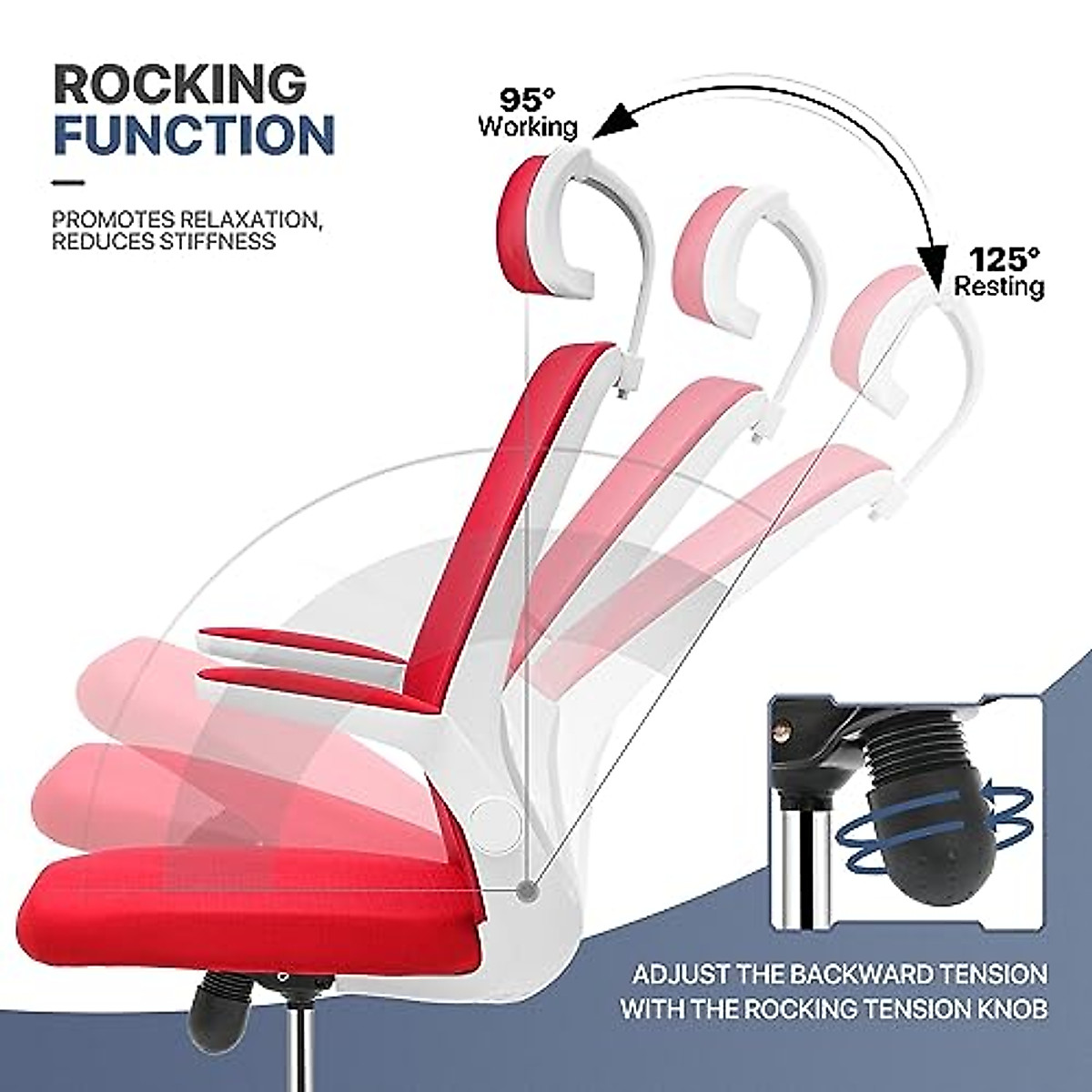 MoNiBloom Ergonomic Office Desk Chair Swivel Breathable Mesh Computer Chairs with Headrest and Lumbar Support, 95°-125° Adjustable High Back Chair, 250 LBS Capacity, Red