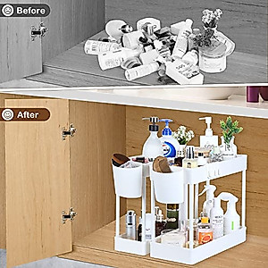 SageCapri 2 Pack Under Sink Organizer, 2 Tier Under Kitchen Bathroom Sink Storage with Hooks & Haning Cups, Multi-Purpose Cabinet Organization Basket Storage Shelf for Restroom Bedroom Living room, White