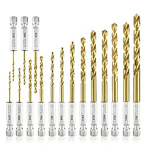 amoolo Hex Shank Drill Bit Set (13Pcs Set+3 Pcs Free), Premium 4341 HSS Titanium Impact Hex Drill Bits for Wood, Steel, Metal, Plastic, Quick Change Design (1/16-1/4)