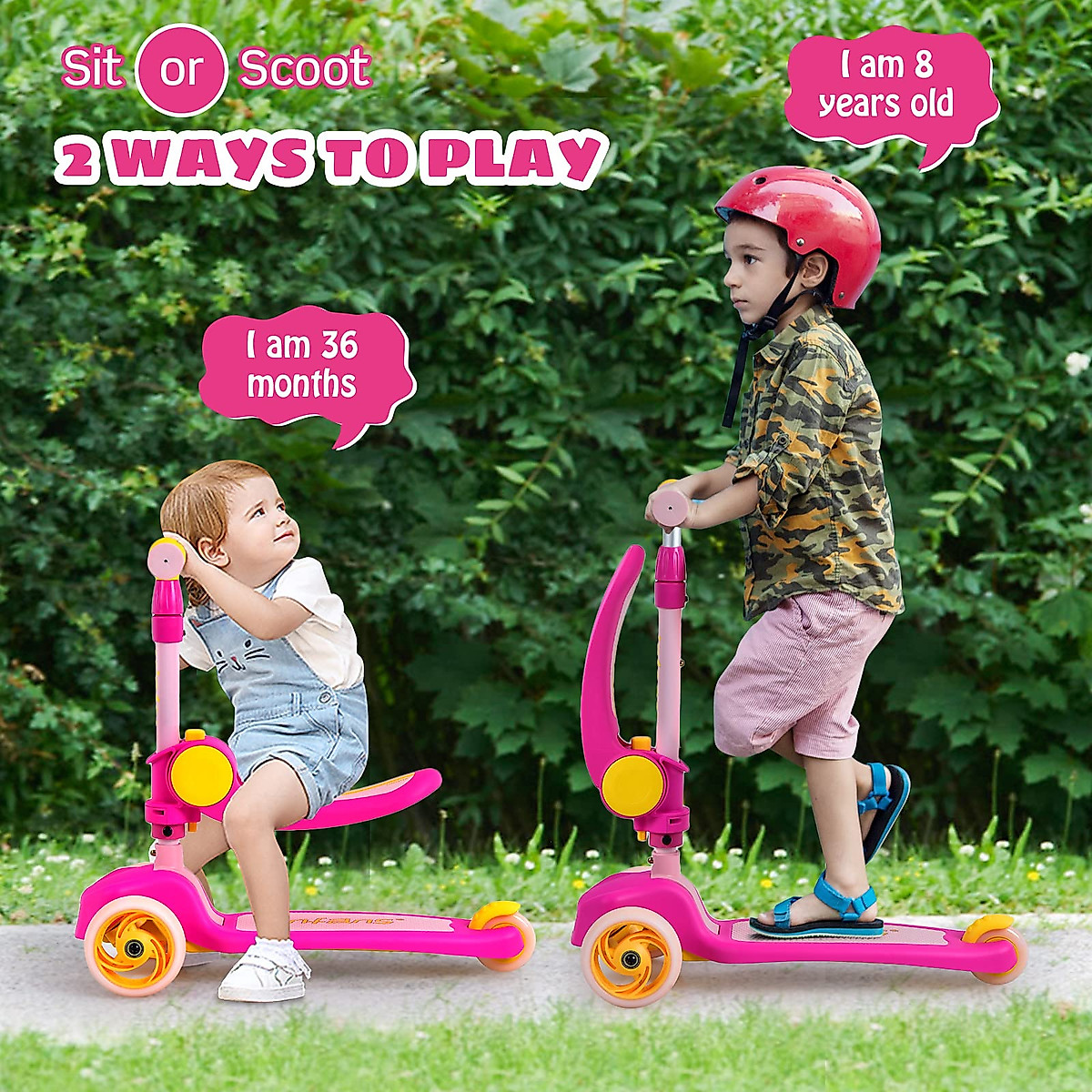 INFANS 3 Wheel Scooter for Kids, 2 in 1 Learn to Steer Kick Scooters with Removable Seat, LED Flashing Wheels, Adjustable Height, Wide Deck, Outdoor Activities Toy Gift for Girls Boys Ages 3-8 (Pink)