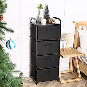 MAX Houser 4 Drawer Fabric Dresser Tall Storage Tower, Dresser Chest with Wood Top, Vertical Nightstand Side Organizer Unit with Metal Frame for Closets Bedroom Nursery Room Hallway(Black)