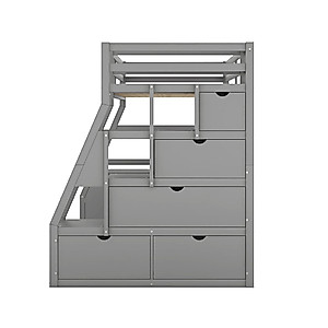 Merax Loft Bed Twin Size, Wooden Frame with Desk and Storage, Space-Saving Design with Convenient Multi-Drawers & Cabinet, for Teens Adults (Grey)