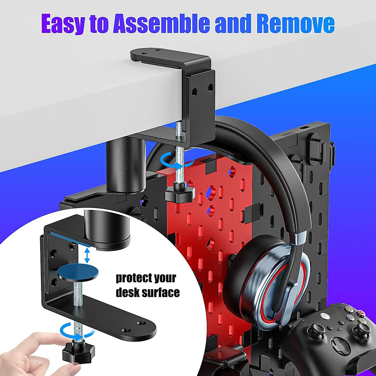 PUTORSEN Headphone and Controller Holder for Desk, Rotatable DIY Modular Headphones Holder & Controller Stand with Cable Hooks, Clamped Above/Under Desk for Xbox PS5 PS4 Switch Controller