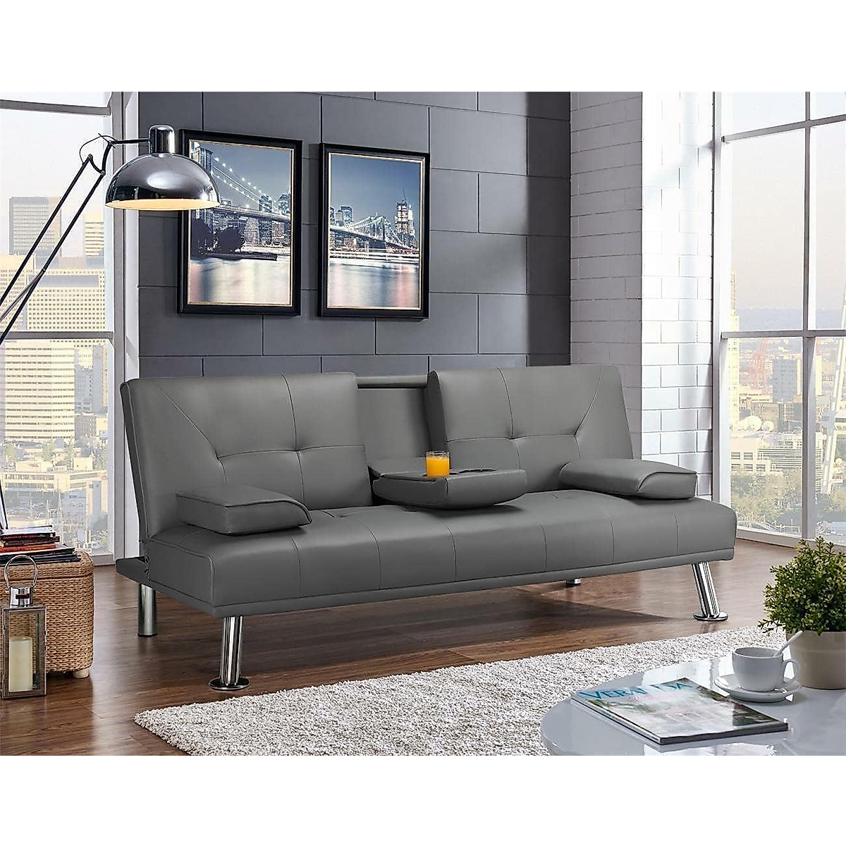 Futon Sofa Bed Modern Folding Couch for Small Space, Faux Leather Convertible Loveseat Sleeper Bed Daybed Recliner Lounge Sofas for Living Room,2 Cup Holders,Metal Legs,Removable Armrests (Gray)
