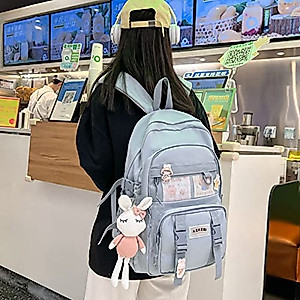 KOWVOWZ Kawaii Backpack for Teen Girls Aesthetic Student Bookbags with Cute pin and rabbit pendant harajuku school nylon waterproof (blue)
