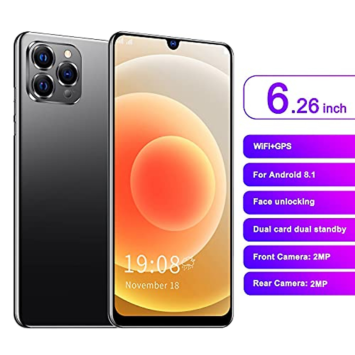 ip12 Pro MAX Unlocked Smartphone for Android 8.1, 6.26in 1+8GB HD Screen Cell Phone Dual Card Dual Standby Smart Phone,Face ID Recognition,2MP+2MP,128GB of Expandable Storage Mobile Phone(Black)