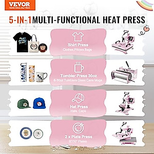 VEVOR Heat Press Machine 5 in 1 Combo with 30 OZ Tumbler Press & Hat Press, Slide Out 12x15 Inch Heat Press Sublimation Machine for T-Shirts, Hats Caps Tumblers Glass Cans Mugs, and Plates (Pink)