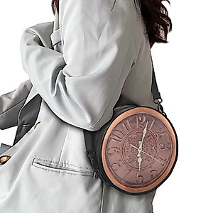 Salabomia Retro Vintage Clock Print Round Crossbody Tote Handbag for Women, Brown PU Women's Shoulder Handbags, Portable Durable Clutch Purse for Travel Work