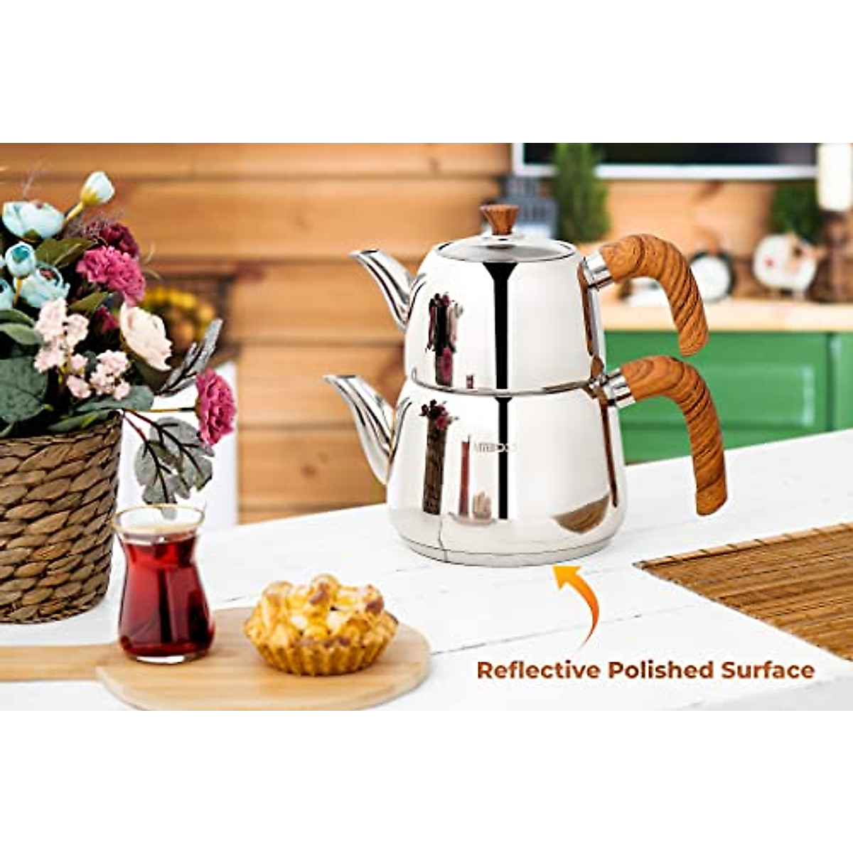 Amboss Turkish Teapot Set with Steam Lid 4 PCS Stainless Steel Wood Design Bakelite Handles Induction Compatible Turkish Tea Set