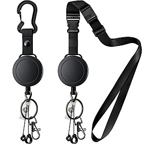 ELV Heavy Duty Retractable ID Badge Holder Key Reel with Adjustable Neck Lanyard, Zinc Alloy Carabiner, Key Ring, ID Badge Strap, 2 Pen Holders and Lobster Clip, 32” Dyneema Cord, Hold Up to 15 Keys